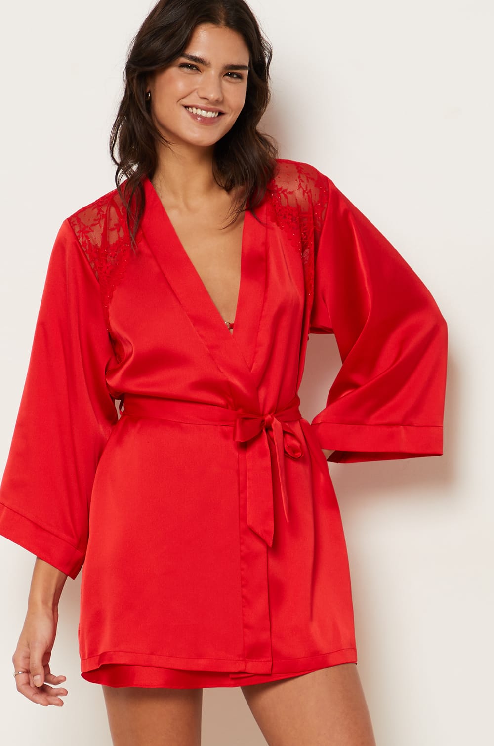 Satiniertes negligé mit spitzendetails zum binden INSTANT ROUGE - ETAM