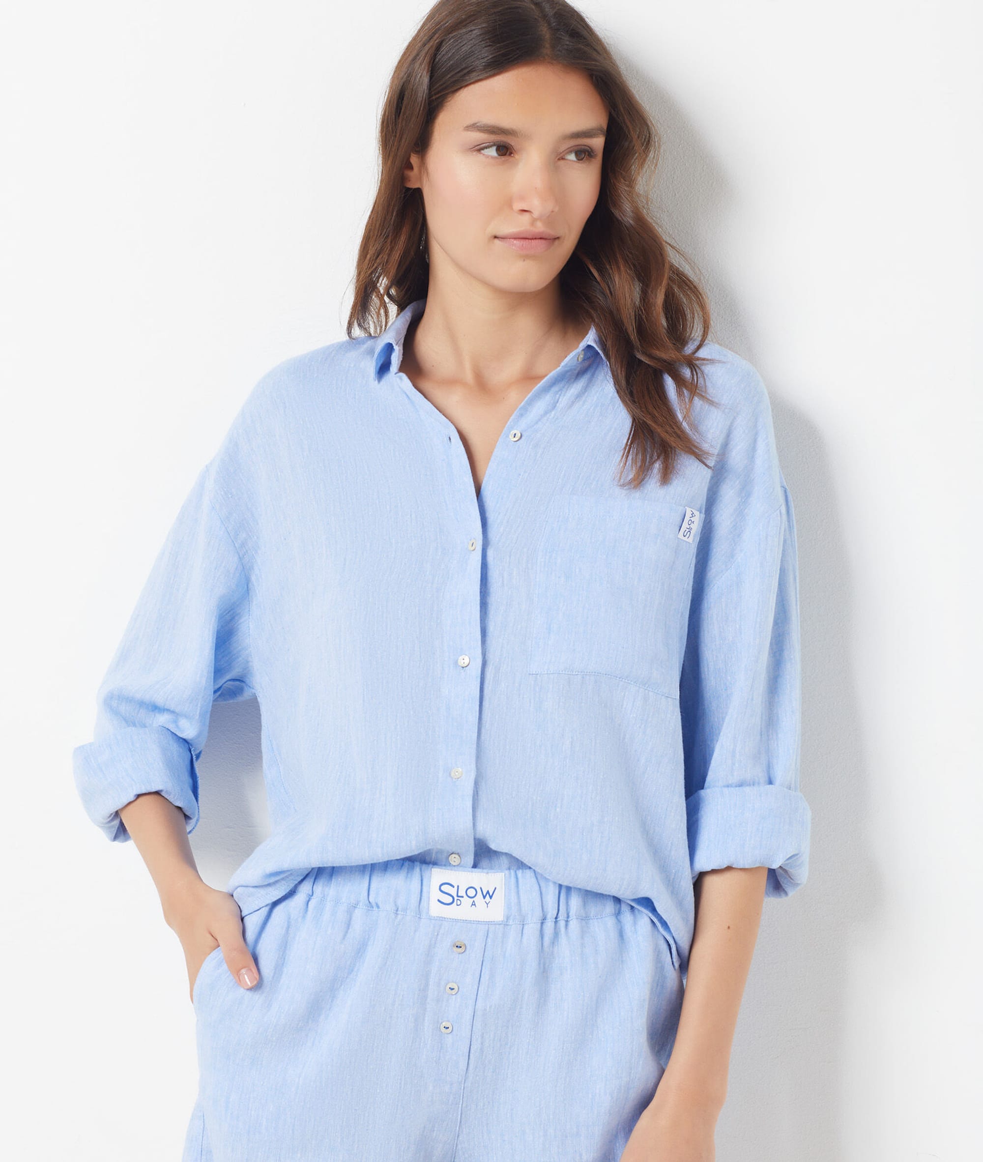 Camisa pijama de lino mezclado JUSTINE BLEU CIEL - ETAM