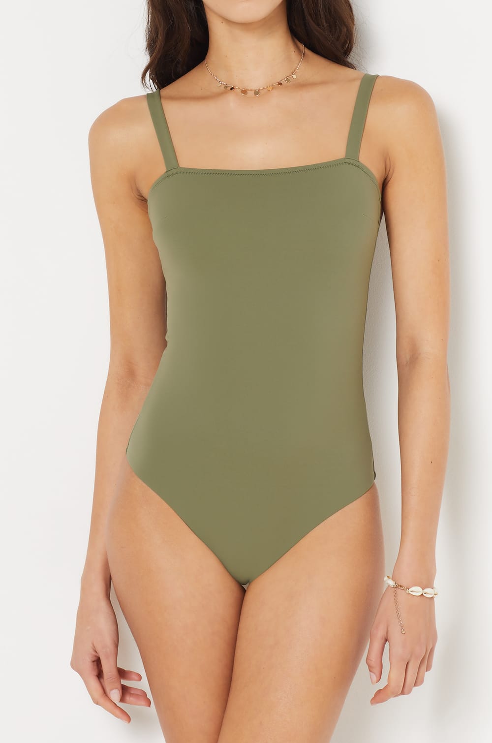 One Piece Sculpting Swimsuit With Square Neckline Sculpt Kaki Etam
