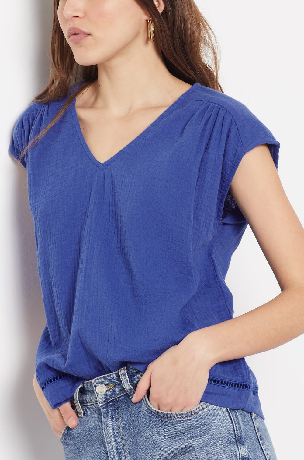 Top col V manches courtes CONNO BLEU ROYAL - ETAM